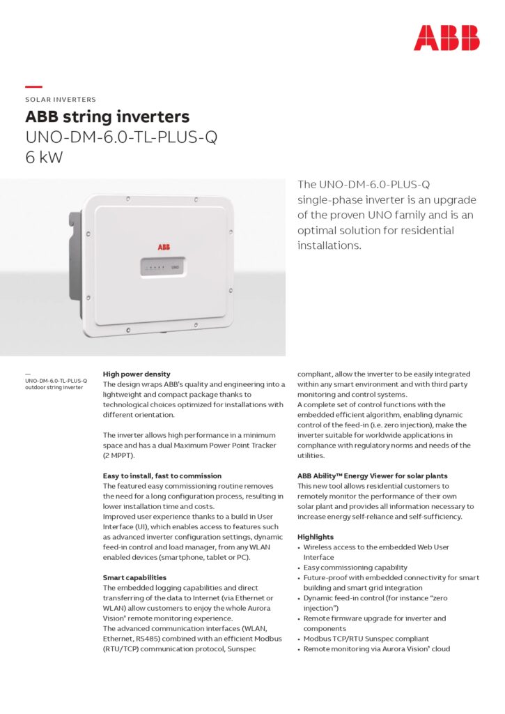ABB-FIMER UNO-DM-6.0-TL-PLUS-B-QU INVERTER MONOFASE SENZA SEZIONATORE DC - AMG Elettrica