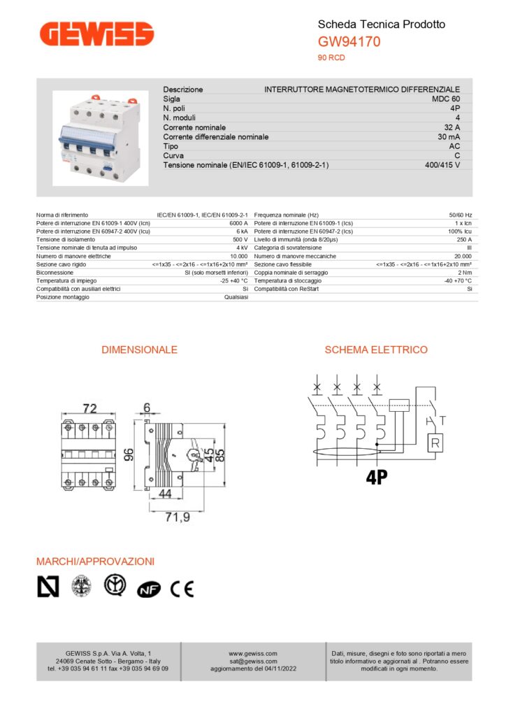 INTERRUTTORE MAGNETOTERMICO DIFFERENZIALE COM.4P C32 6KA AC/0,03 4M - GEW GW94170 - AMG Elettrica